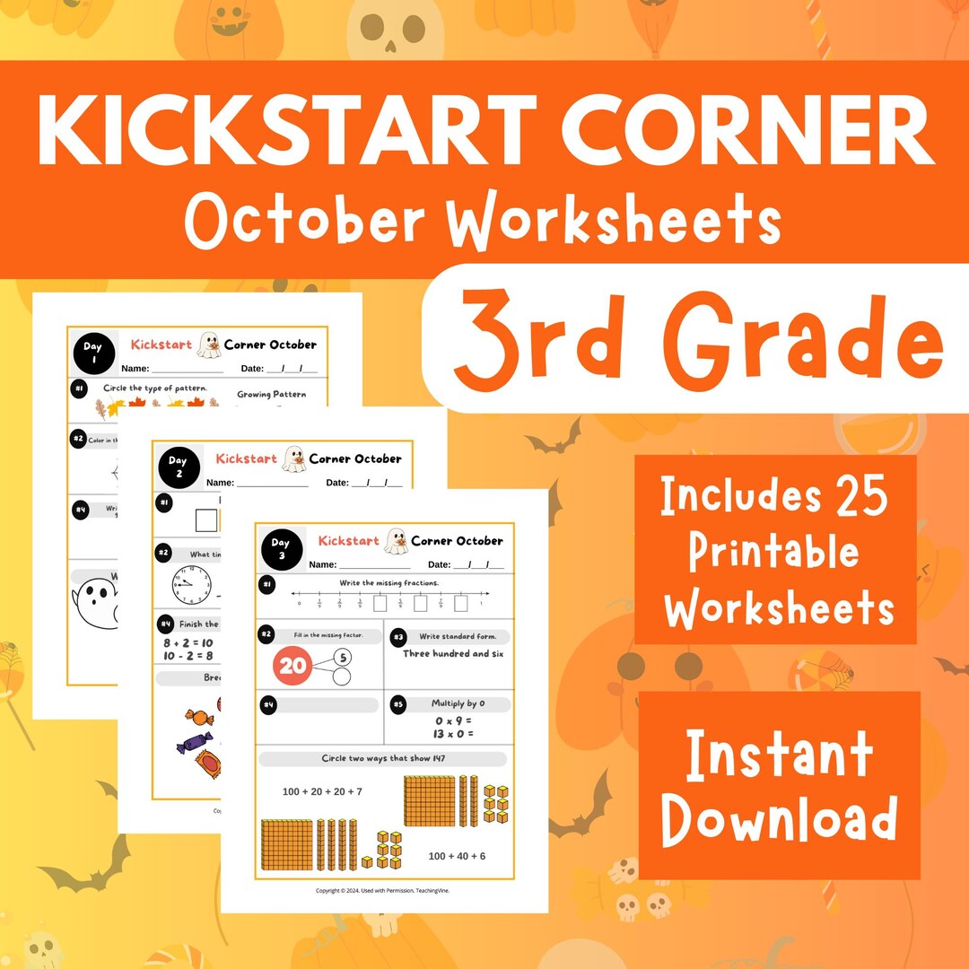 October Third Grade Kickstart Corner Halloween Printable Worksheet ...