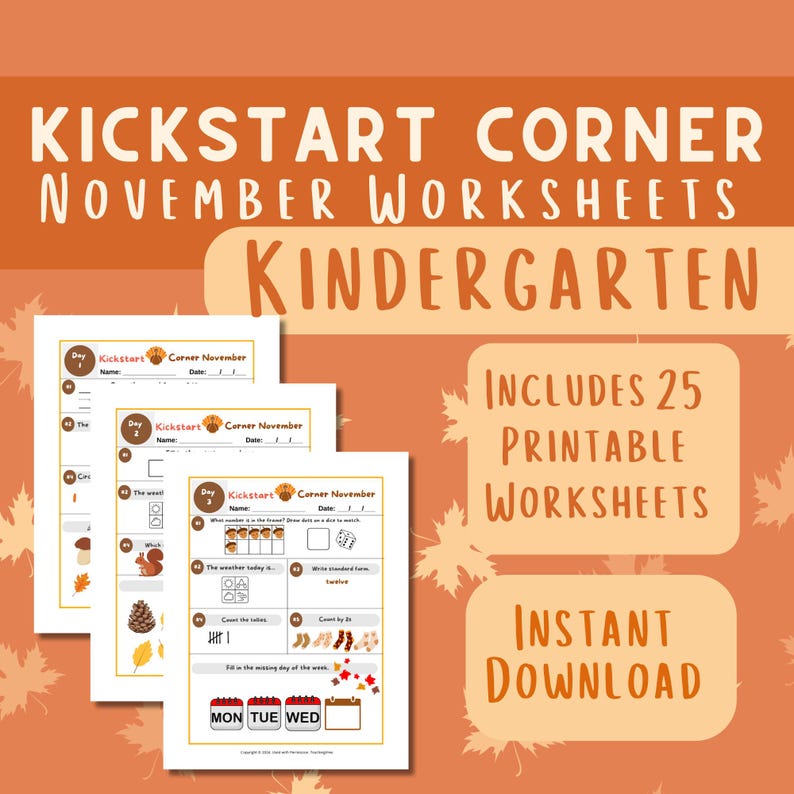 November Kindergarten Kickstart Corner Fall Printable Worksheet ...