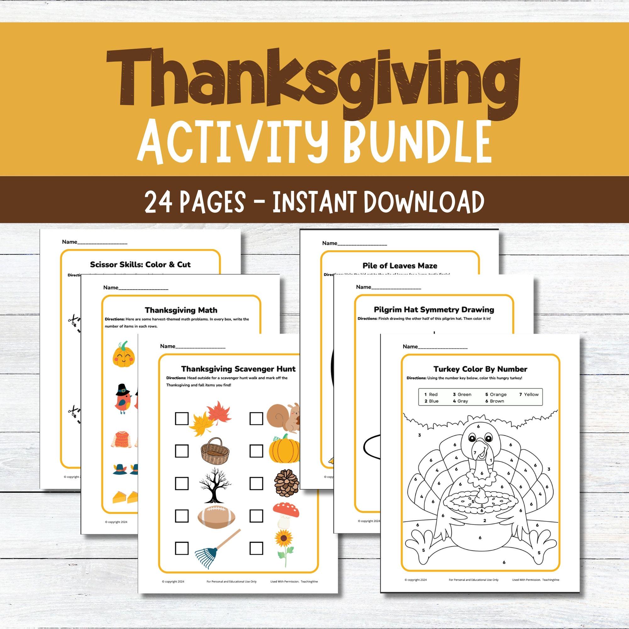 Thanksgiving Printable Worksheet Activity Bundle for Kids Printable Fun ...