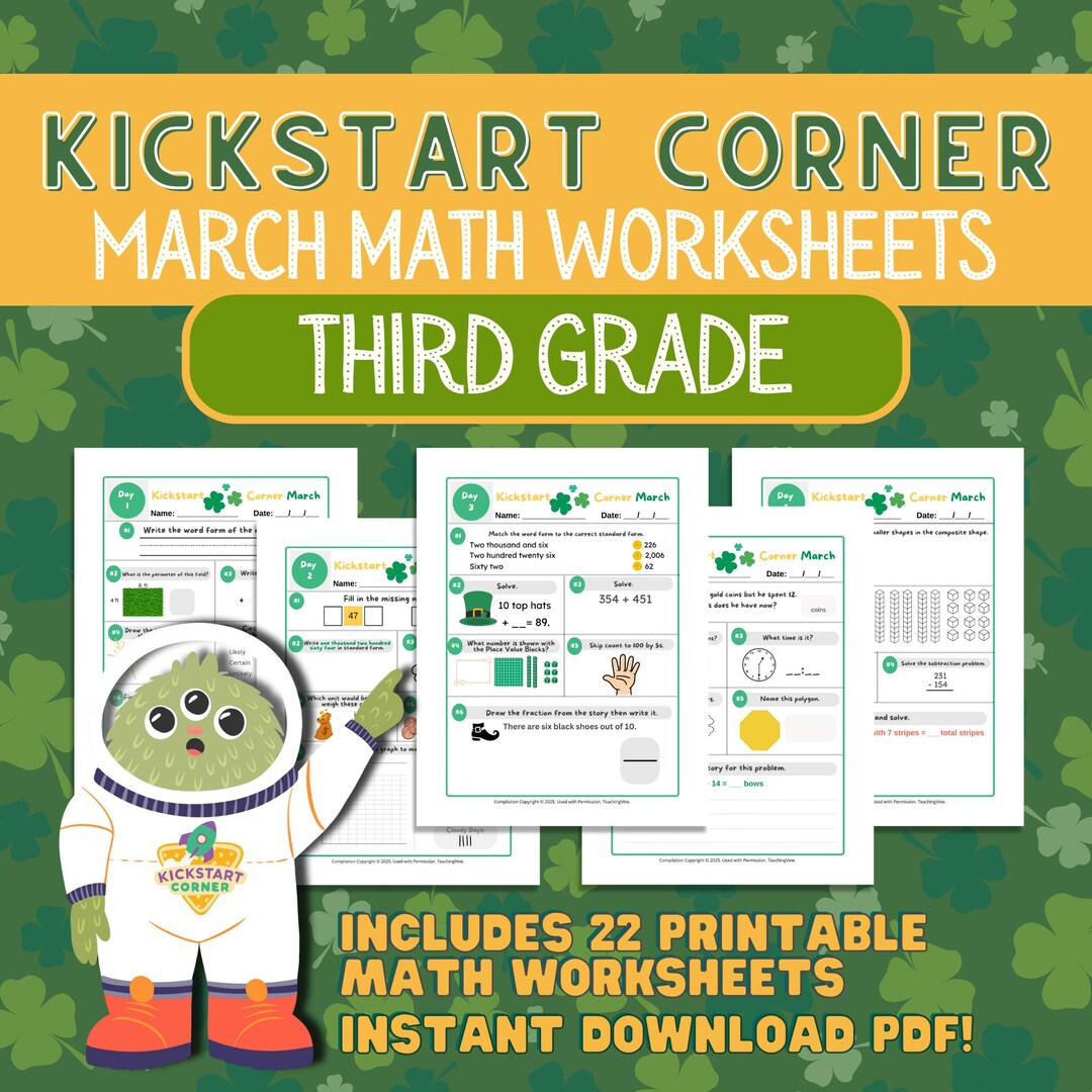 25 3rd Grade Math Worksheets for March - Kickstart Corner, St Patrick's ...