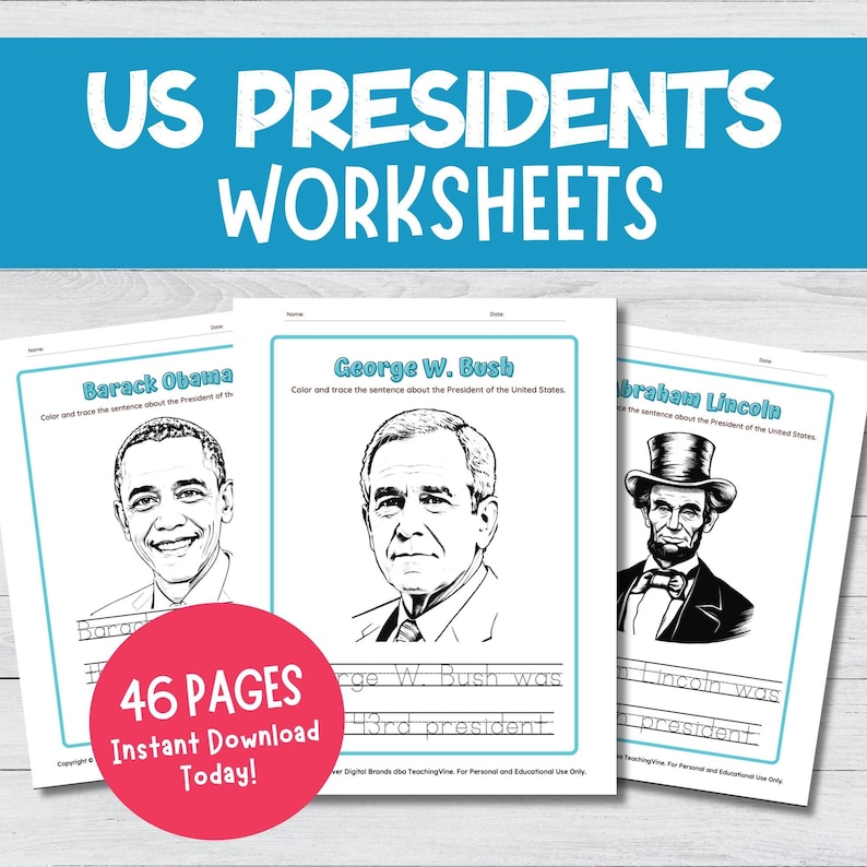 US Presidents Coloring Activity Printable Worksheets Handwriting ...