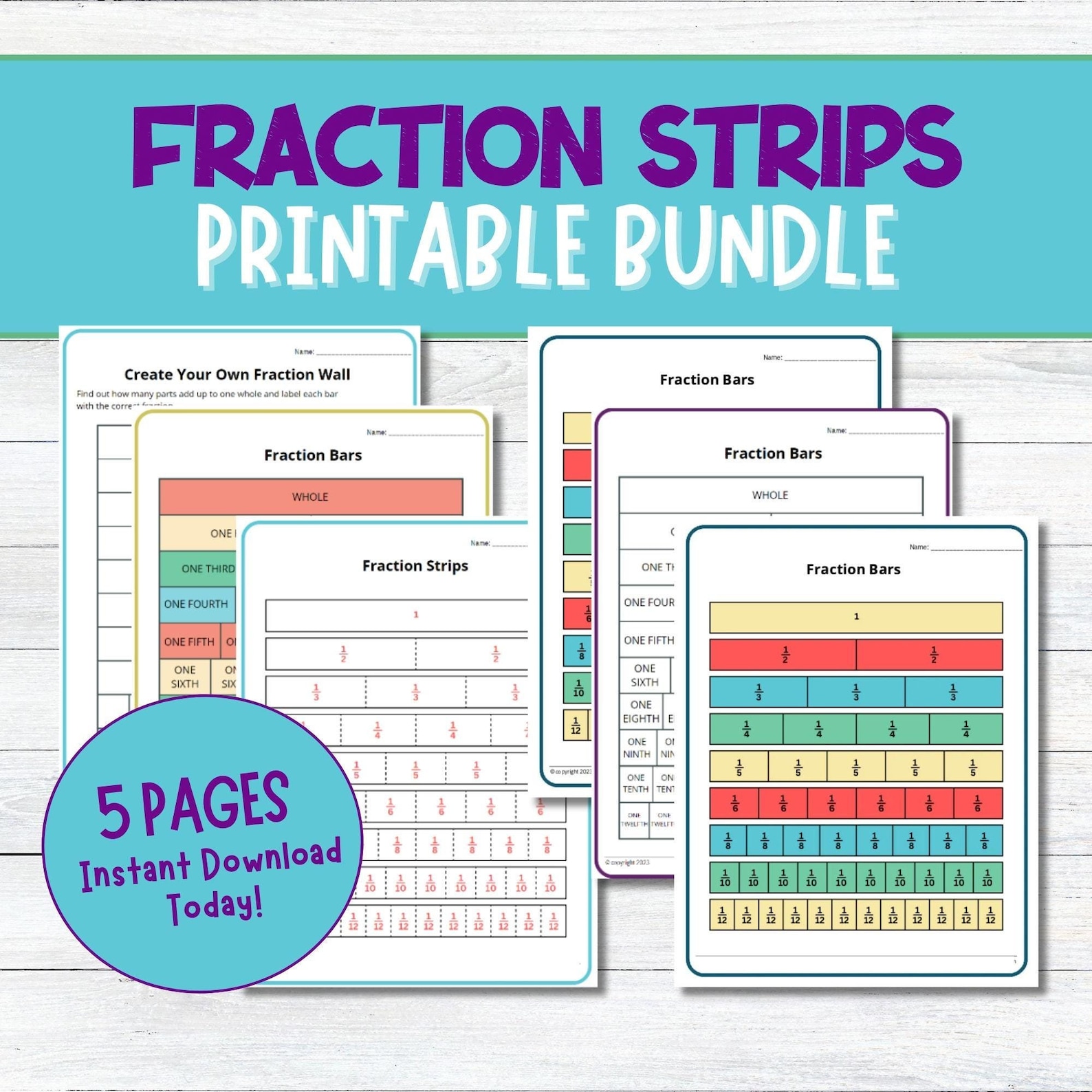 Fraction Strips Worksheet Bundle Kids Homeschool Math Resources 2nd 3rd ...
