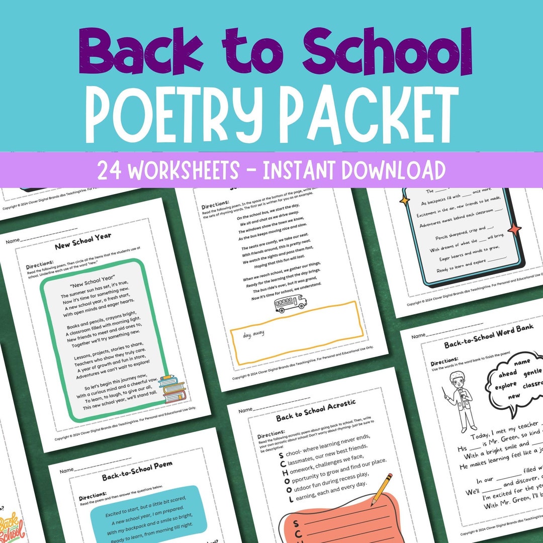 Back to School Poetry Printable Worksheet Packet for First Second Third ...