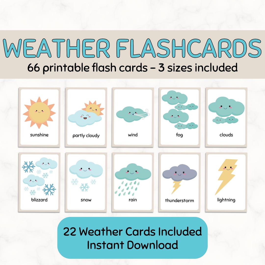 Weather Flashcards for Preschool | Cartoon Daily Learning Cards - Etsy