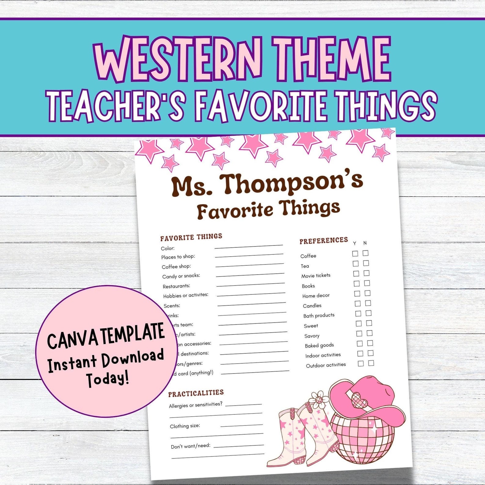 Western Theme Teacher Favorite Things List Printable Canva Template My ...