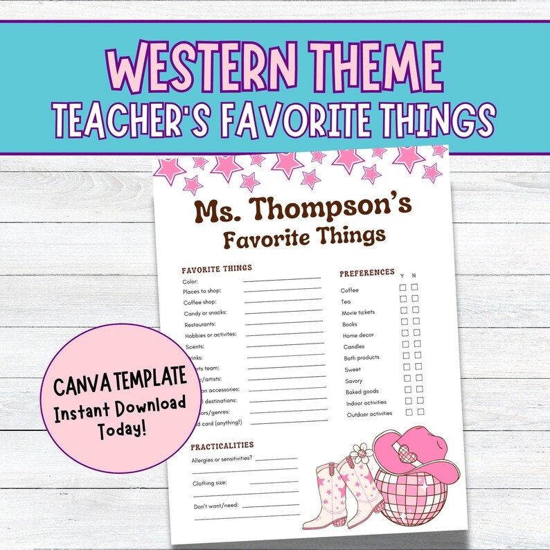 Western Theme Teacher Favorite Things List Printable Canva Template My ...