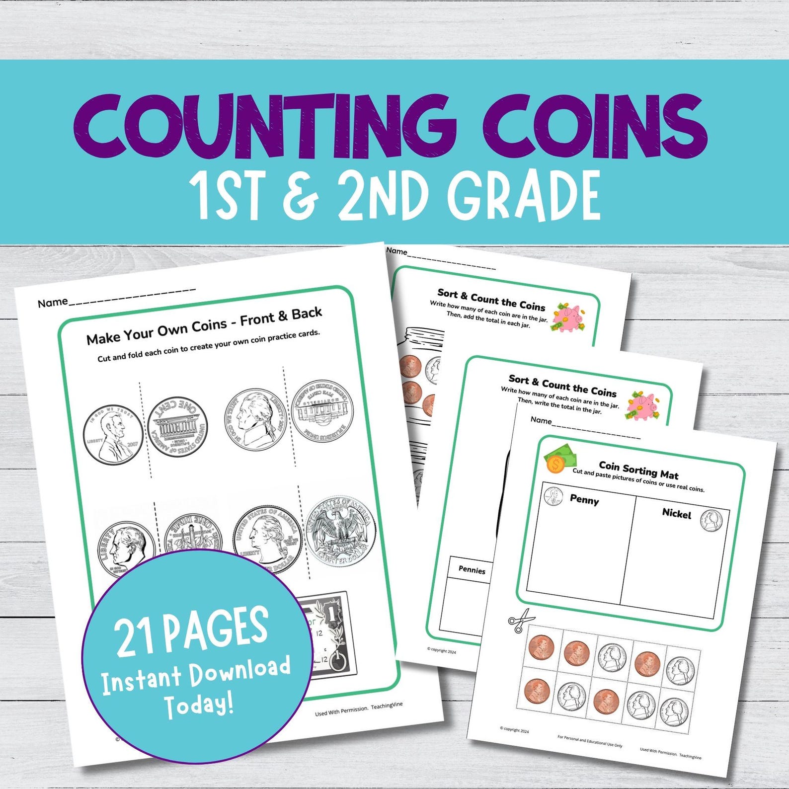 1st-2nd Grade Counting Coins Activities | Print & Go Worksheets - Etsy