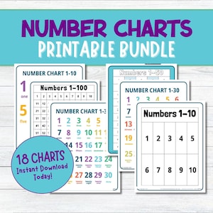 Number Charts Printable Poster Bundle Preschool Kindergarten 1st 2nd ...
