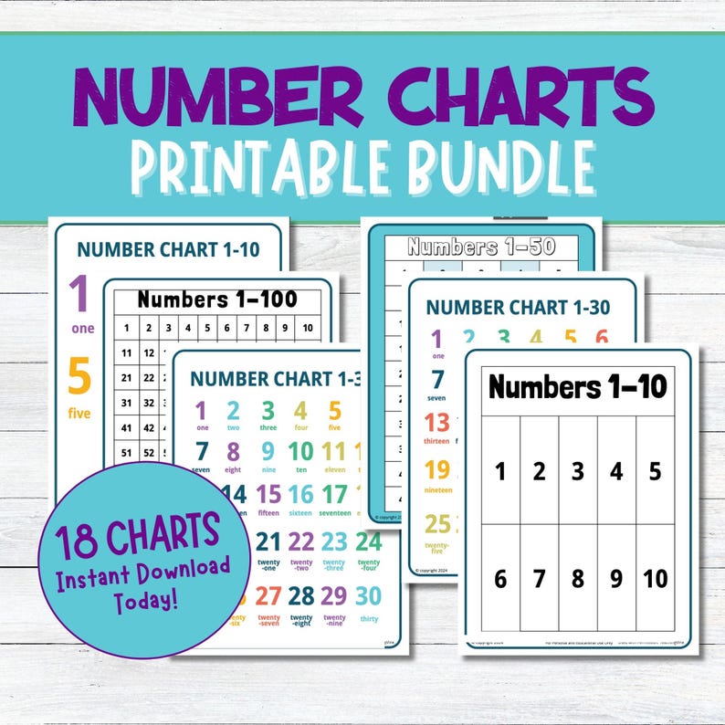 Number Charts Printable Poster Bundle Preschool Kindergarten 1st 2nd ...