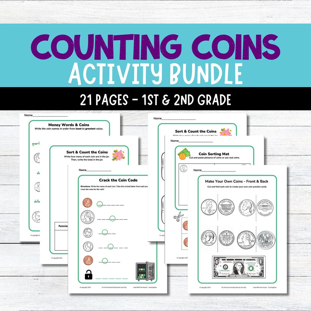 1st-2nd Grade Counting Coins Activities | Print & Go Worksheets - Etsy