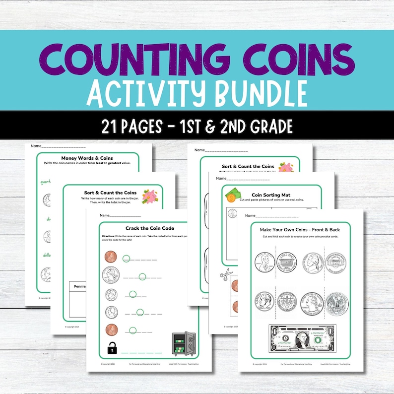 1st-2nd Grade Counting Coins Activities | Print & Go Worksheets - Etsy