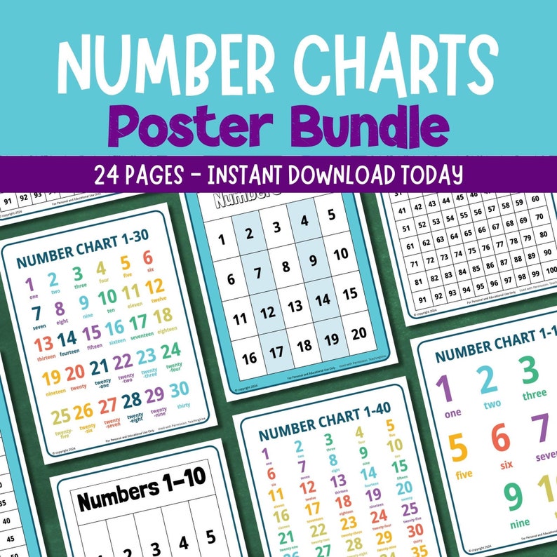 Number Charts Printable Poster Bundle Preschool Kindergarten 1st 2nd ...