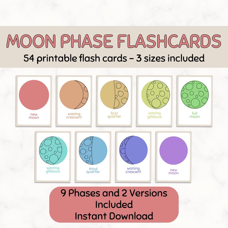 Lunar Cycle Flashcards for Kids | Moon Phase Learning Cards - Etsy