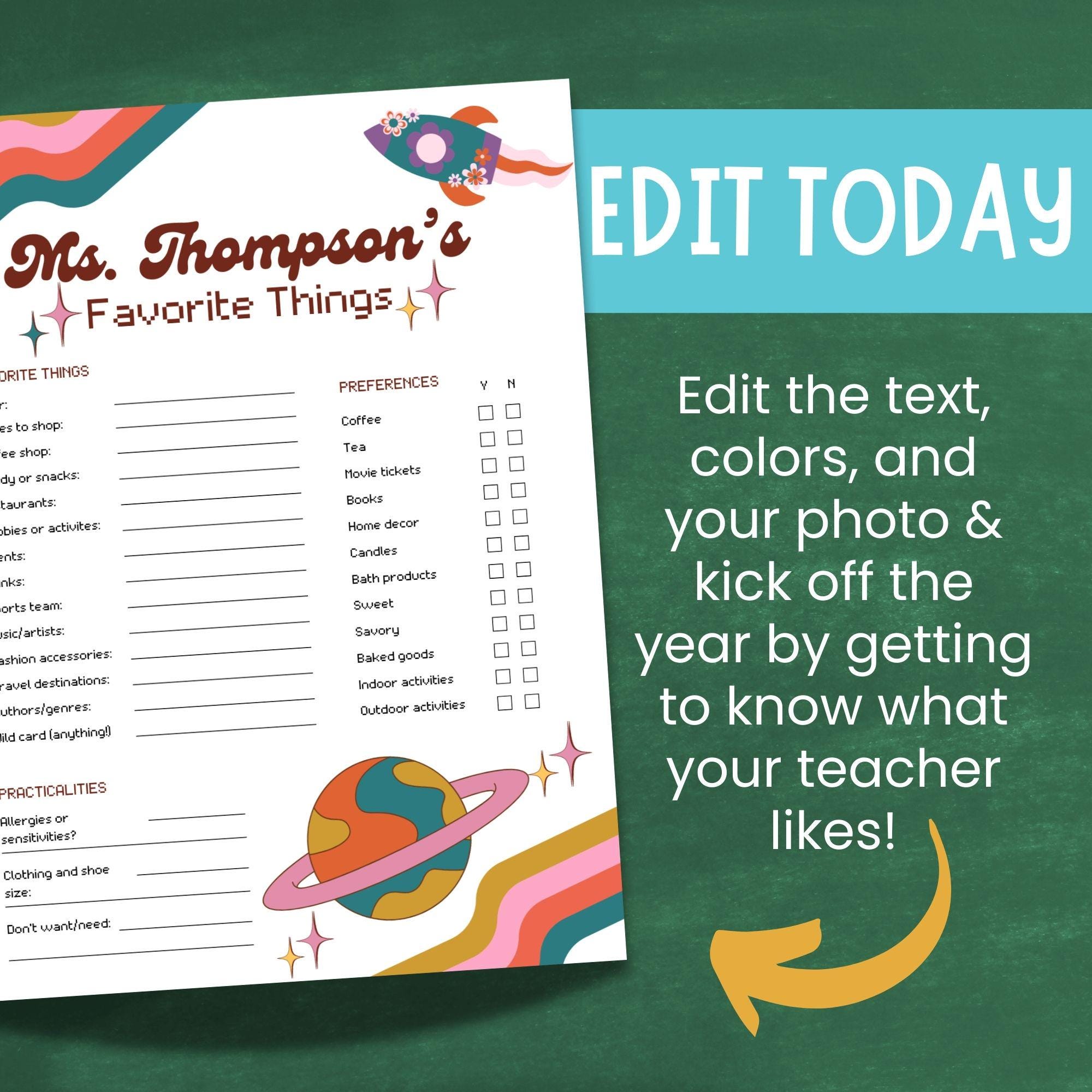 Space Theme Teacher Favorite Things List Printable Canva Template My ...