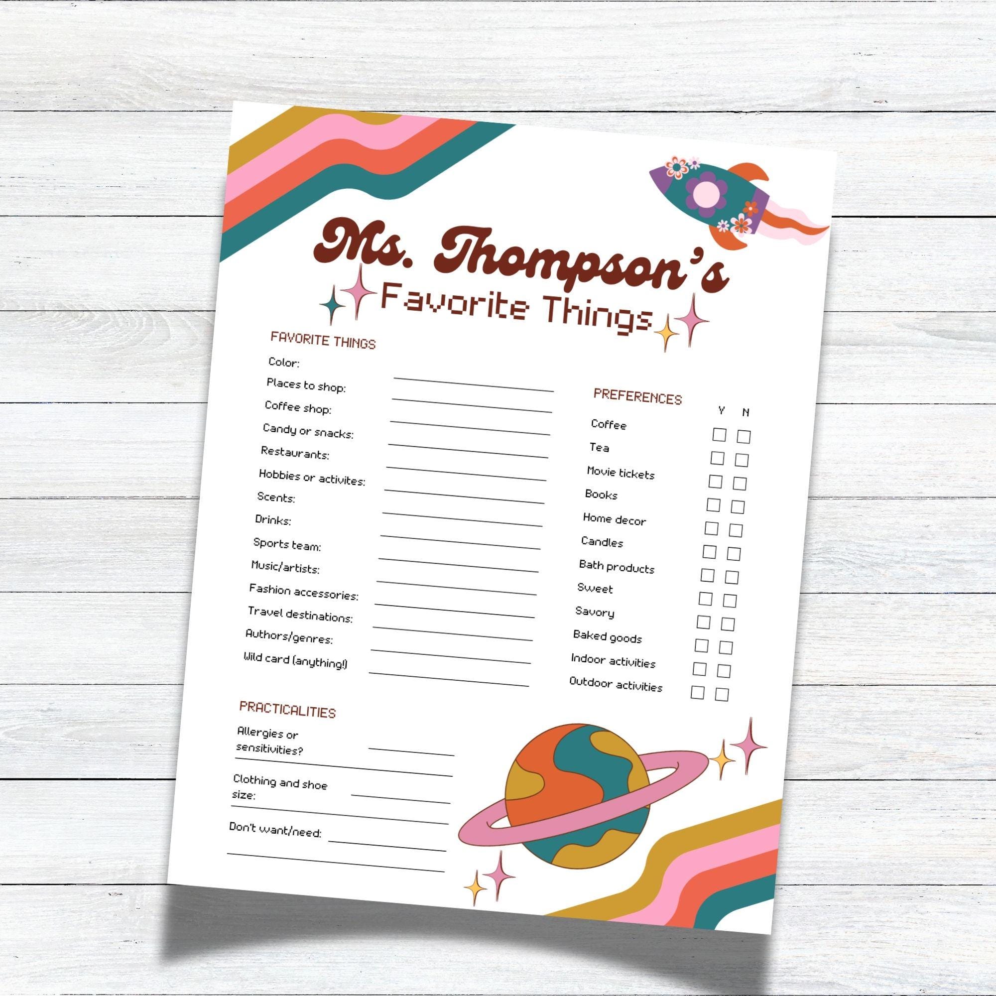 Space Theme Teacher Favorites Survey | Back to School Template - Etsy