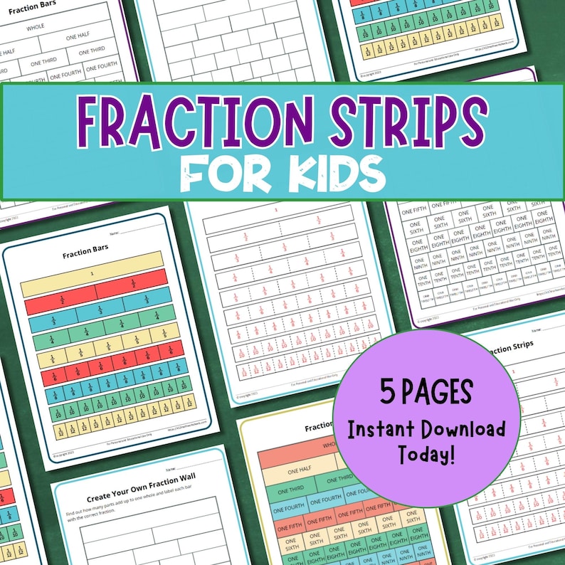 Fraction Strips Worksheet Bundle Kids Homeschool Math Resources 2nd 3rd ...