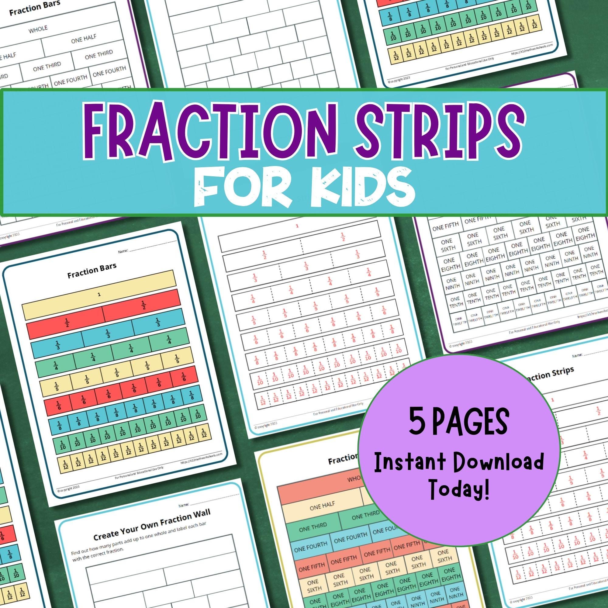Fraction Strips Worksheet Bundle Kids Homeschool Math Resources 2nd 3rd ...