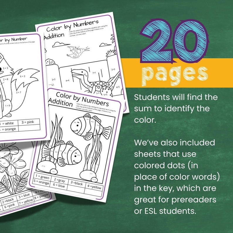 Addition Color by Number Printable Math Activities Kindergarten 1st 2nd ...