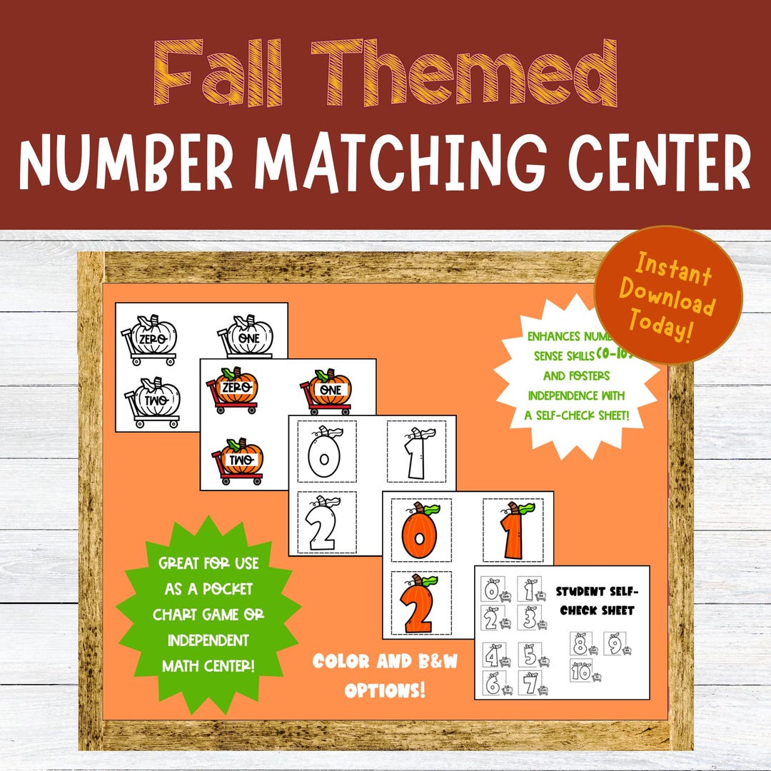 Number Matching Center Pumpkin Fall Theme Printable Activity for Pre K ...