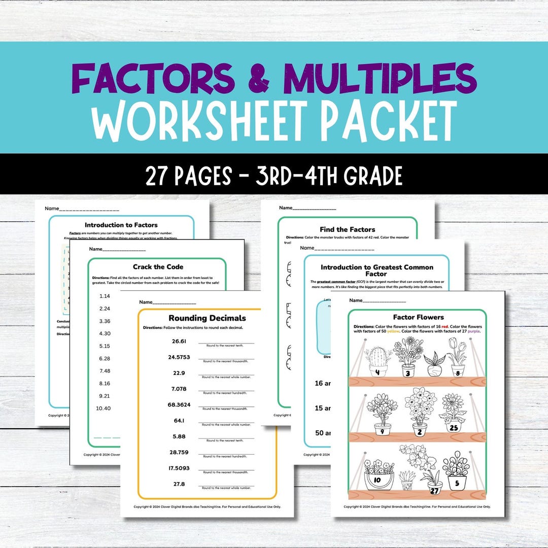 Math Factors and Multiples Worksheet Bundle for 3rd 4th Grade Students ...