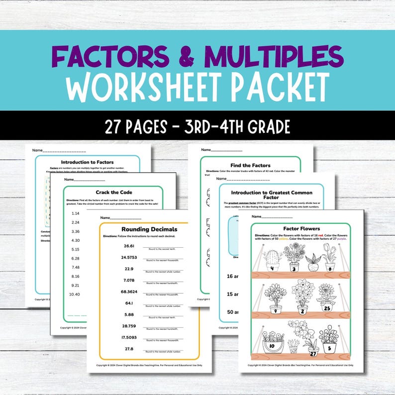 Math Factors and Multiples Worksheet Bundle for 3rd 4th Grade Students ...