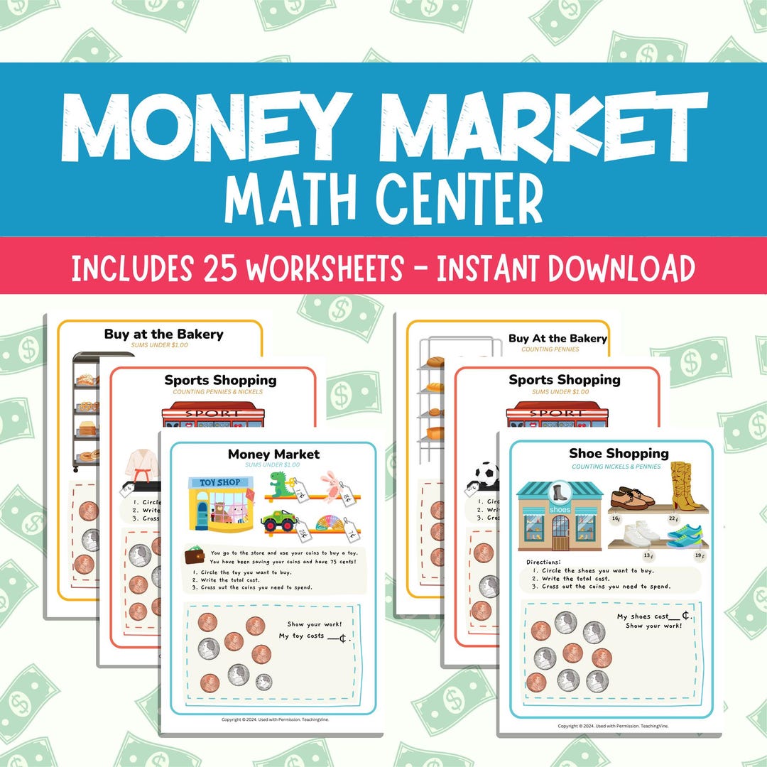 Money Market Math Center for Grades 1-2: Coin Identification, Addition ...