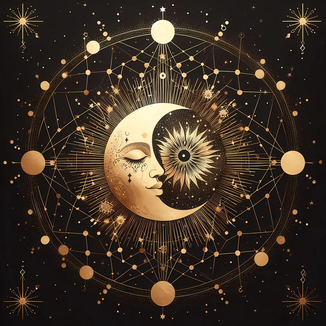 Boho Sun & Moon Celestial Wall Art | Gold Foil Mystical Cosmic Print ...