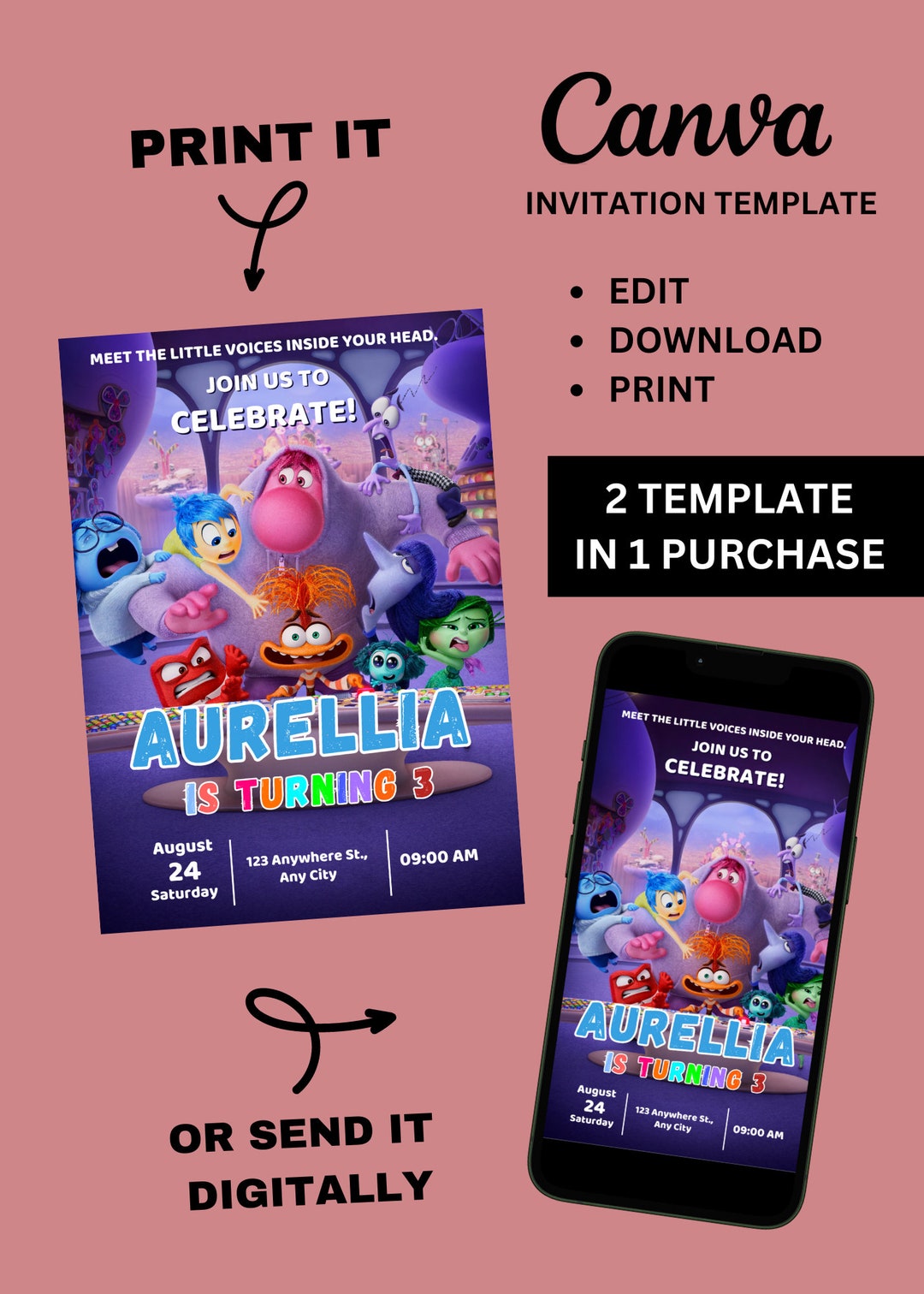 Editable Inside Out 2 Birthday Invitation for Boy and Girl Kids ...