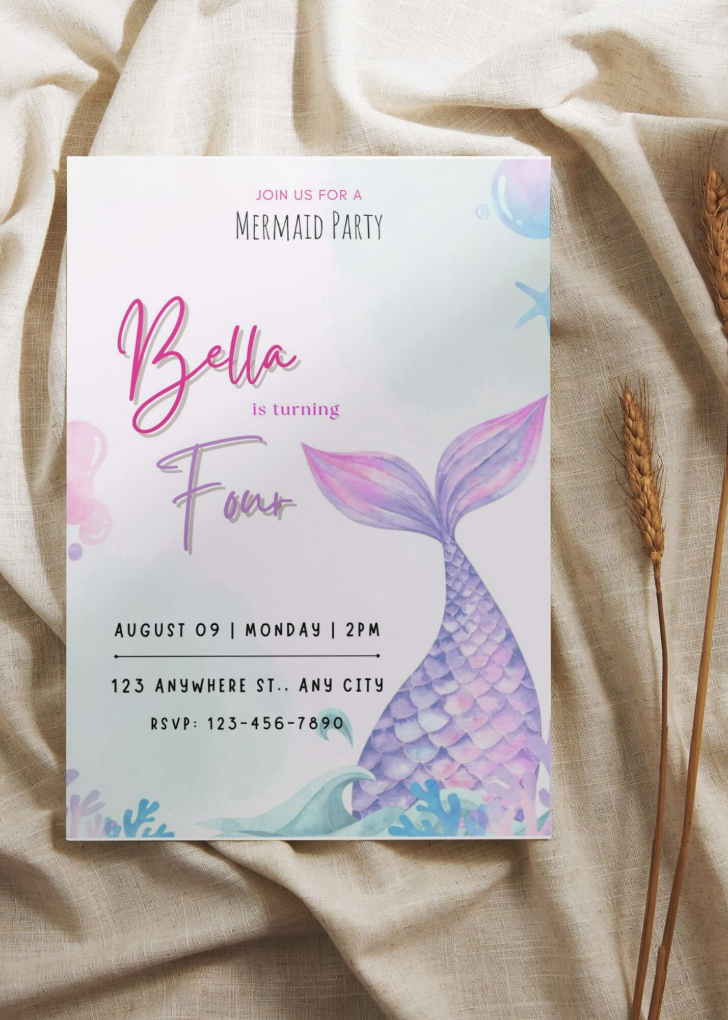 Editable Mermaid Birthday Invitation Template Little Mermaid Under the ...
