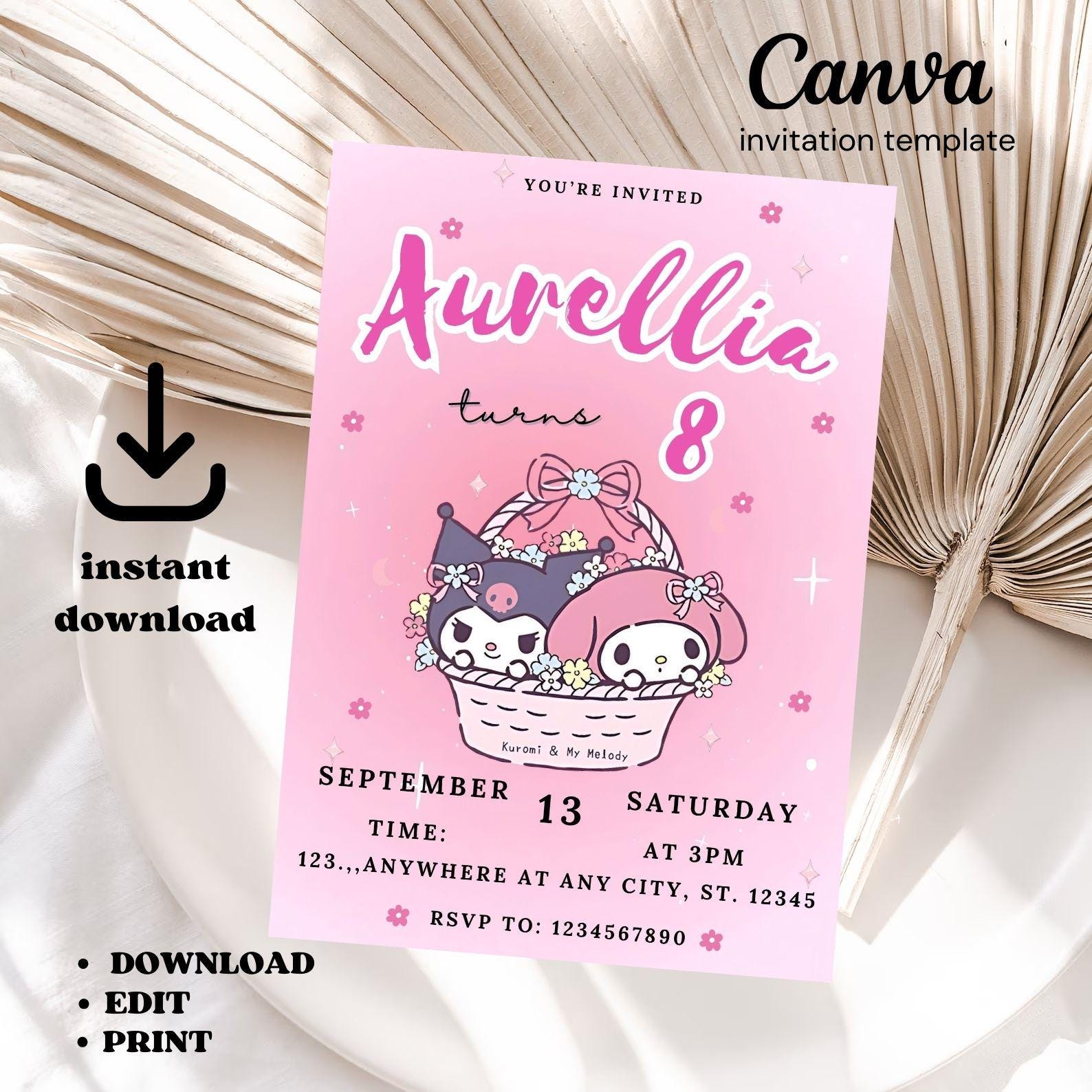 Digital Editable Kawaii Cat Invitation Template, Digital Editable Kitty ...