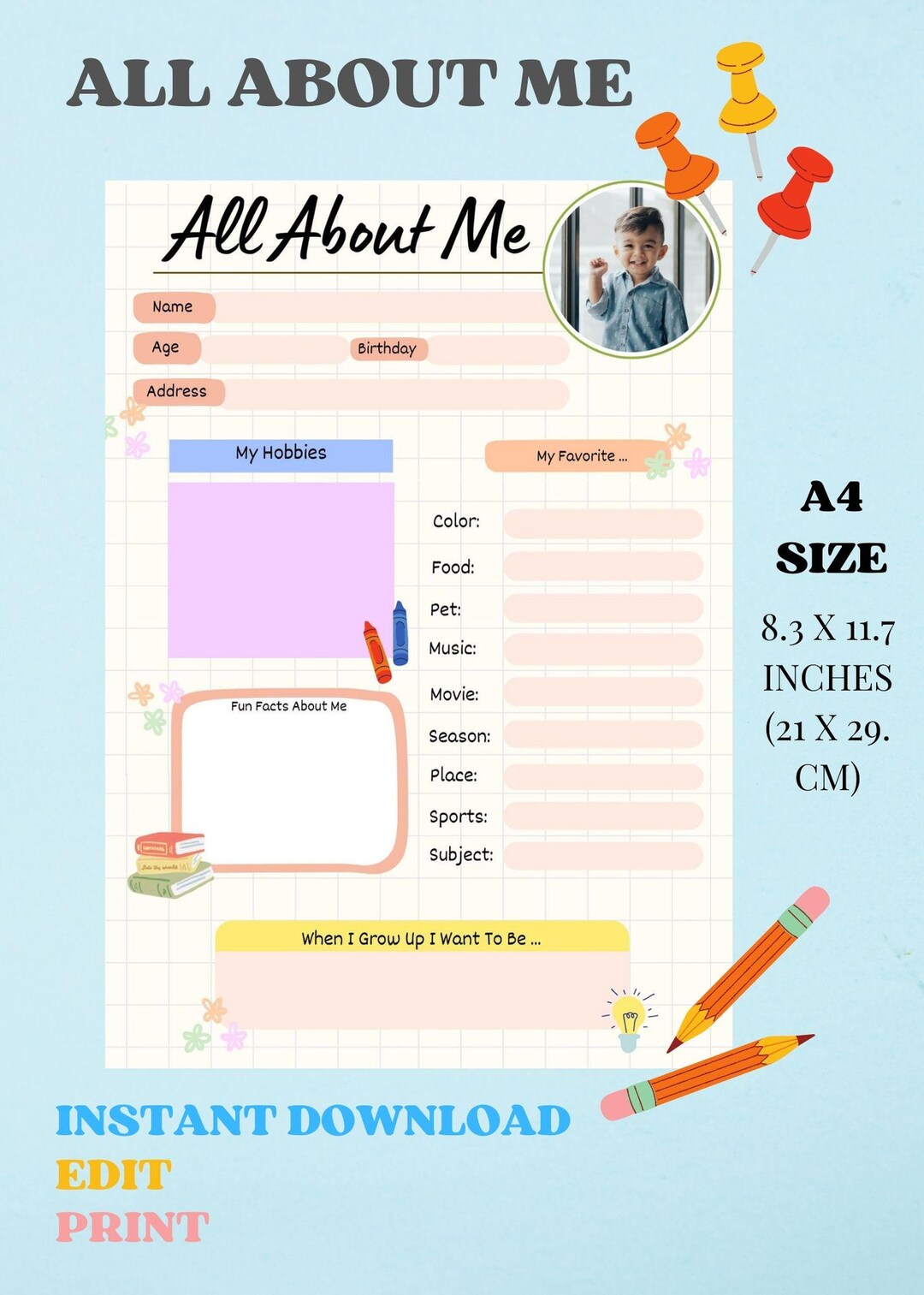 All About Me Printable Kids Template Favorite Things Back to School Get ...