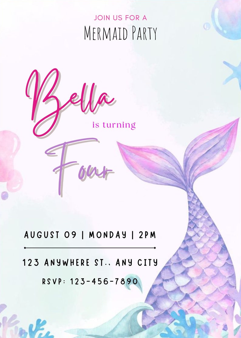 Editable Mermaid Birthday Invitation Template Little Mermaid Under the ...
