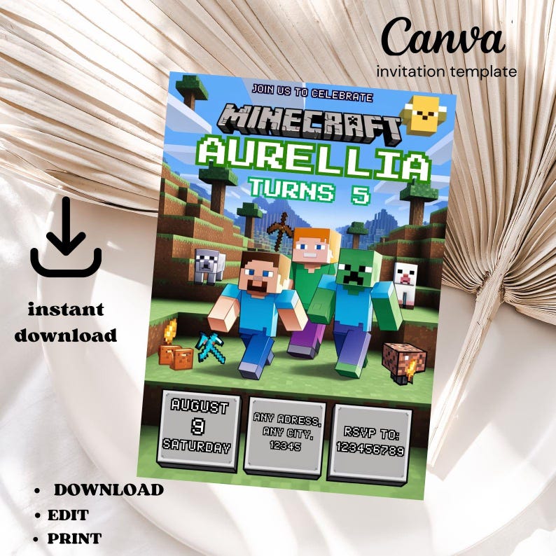 Editable Minecraft Birthday Invitation, Minecrafter Birthday ...