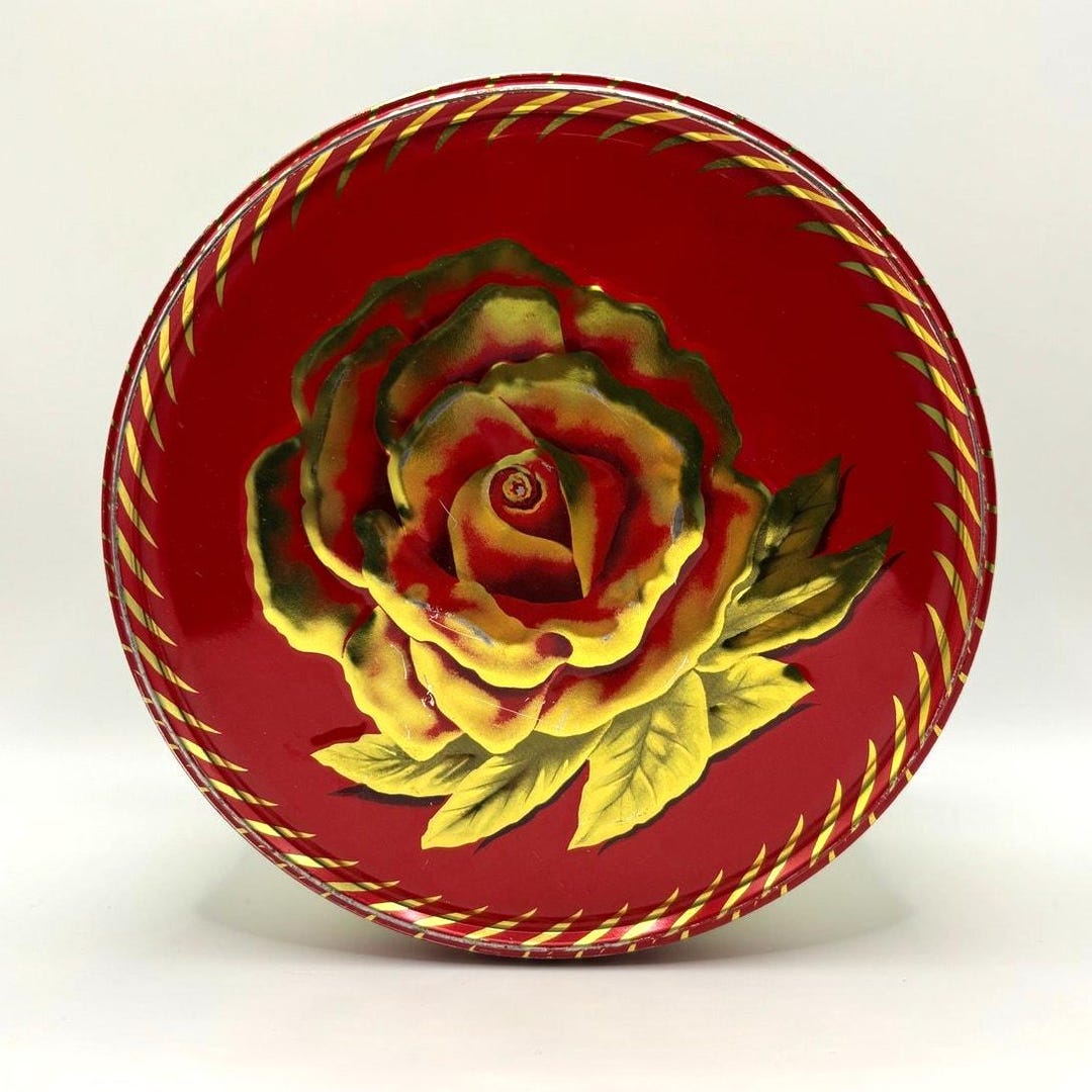 VTG 1950's Shirley Jean Fruit Cake Tin, Red, Gold, Rose, Excellent ...