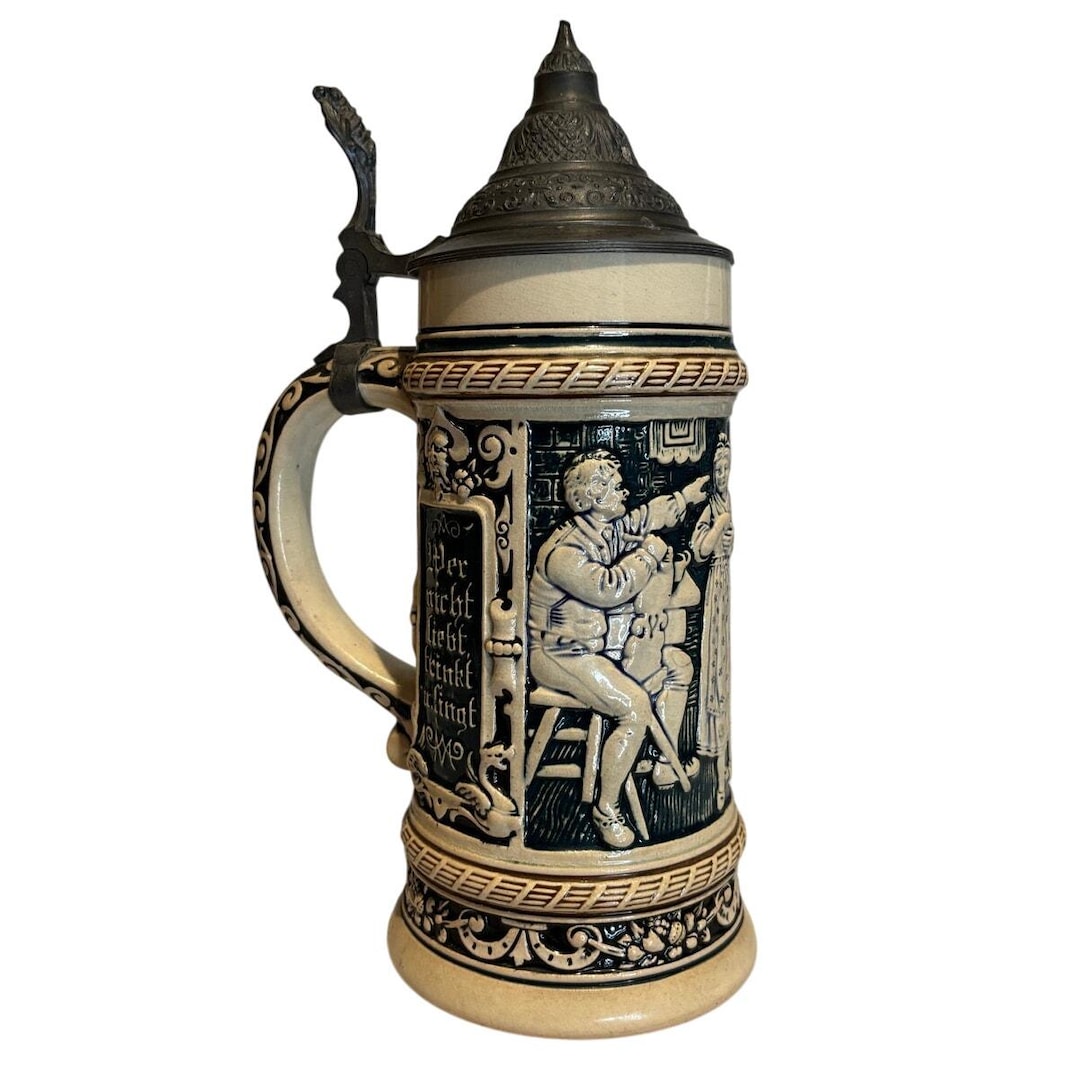 Vintage German Beer Stein, Blue & Cream Ceramic, Pewter Lid, EUC - Etsy