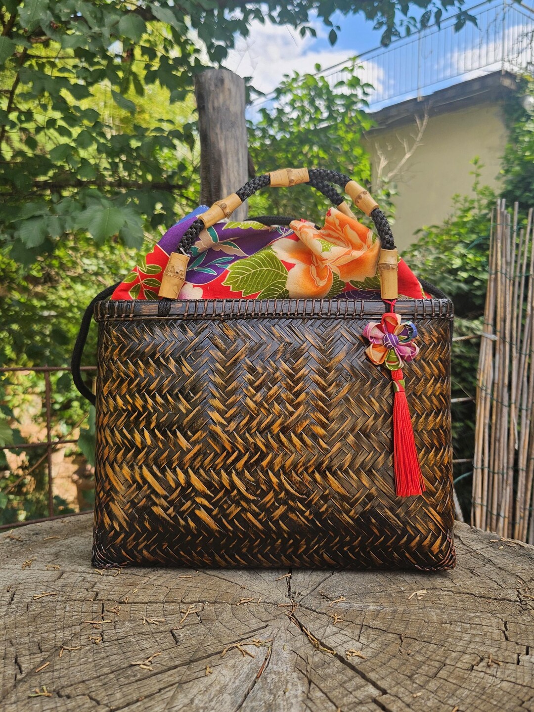 Japanese Bamboo Basket Drawstring Kimono Purse - Kago Kinchaku in Red ...