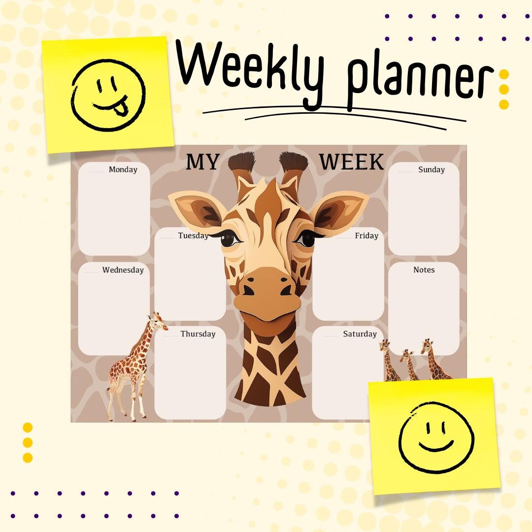 Weekly Planner for Children and Adults, Animal Theme With Giraffe, US ...