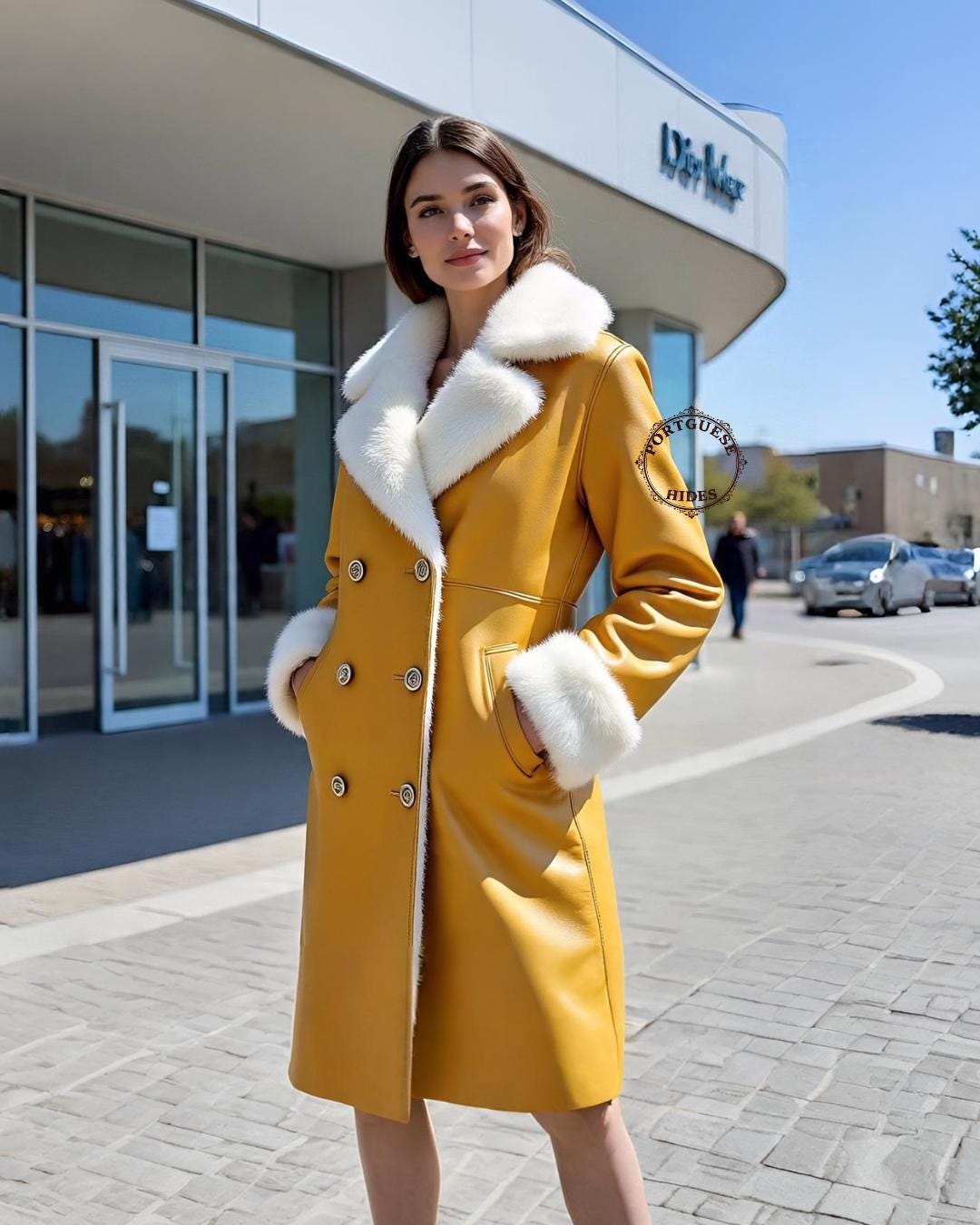 Handmade Yellow Sheep Leather Trench Coat: White Fur Collar, Boho Chic ...