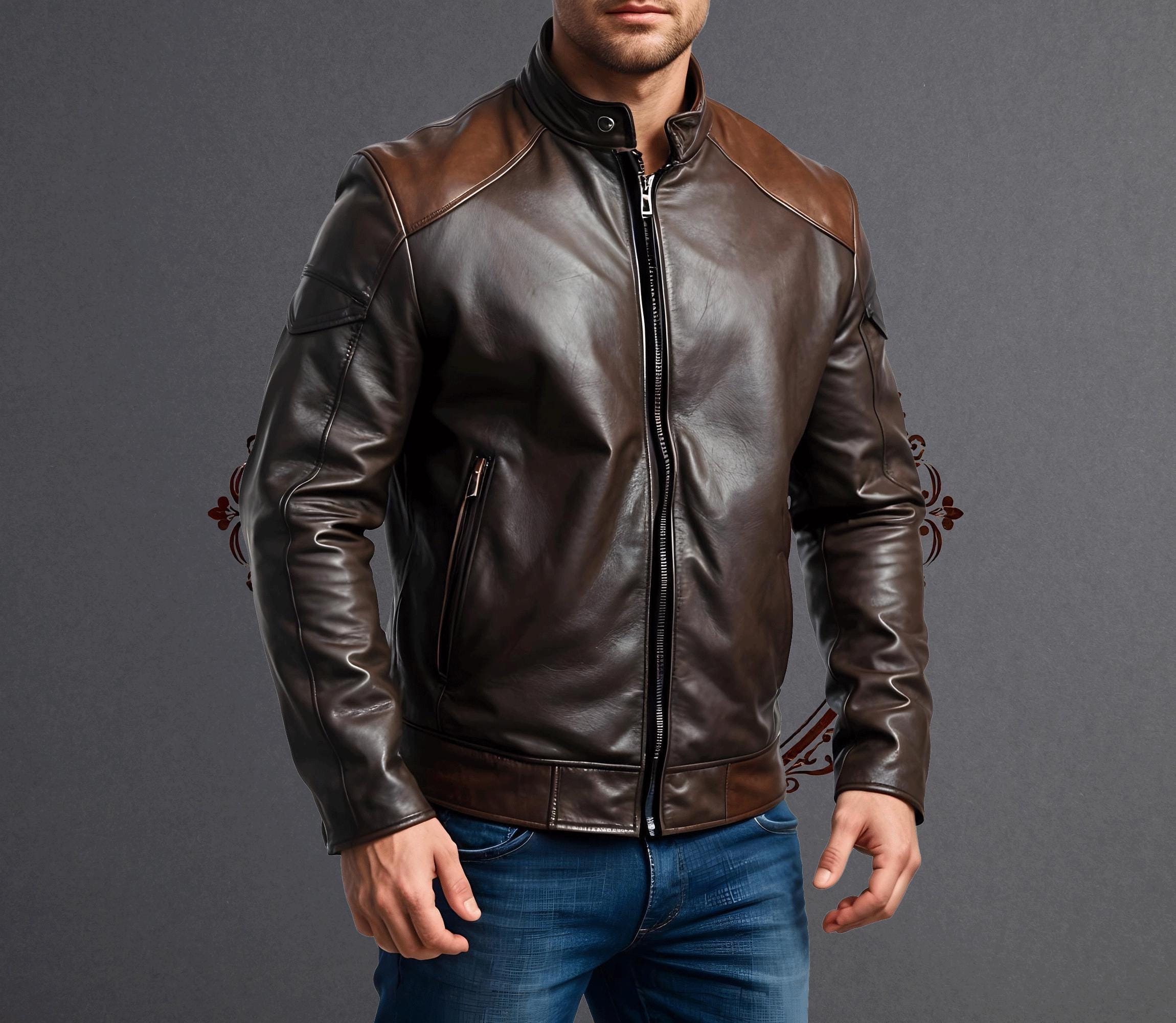 100% Genuine Brown Leather Jacket for Men Handmade Brown Leather Biker ...