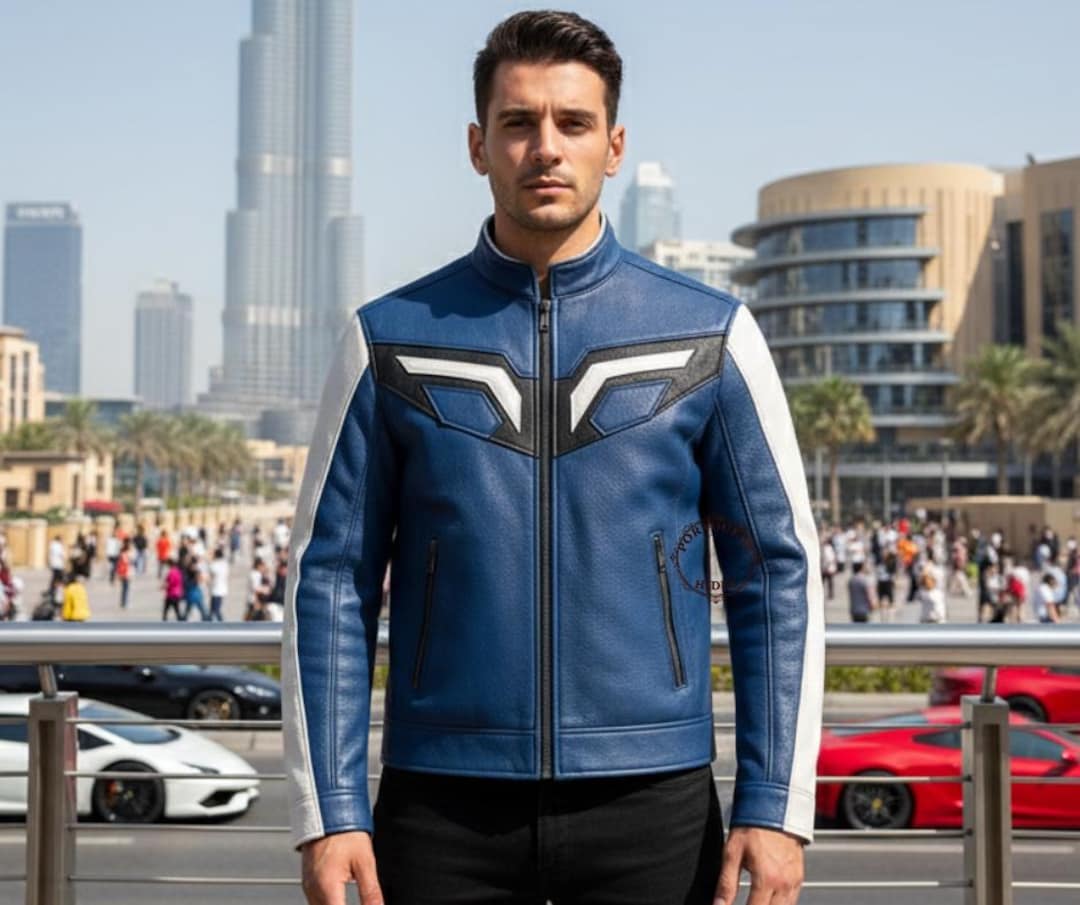 Blue and White Leather Cafe Racer Jacket for Men - Slim Fit Two-tone ...