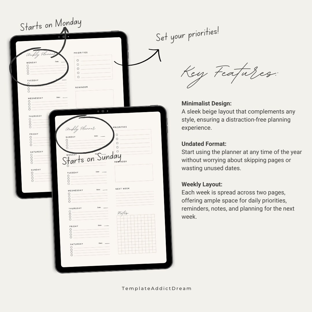 Undated Beige Minimalist Weekly Planner - Etsy