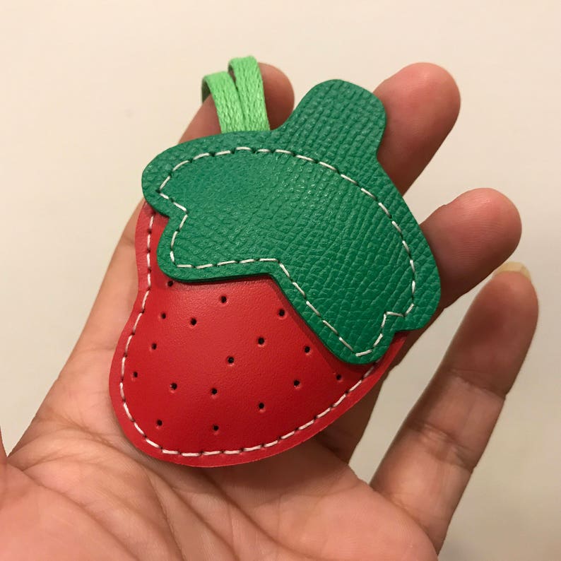 Small size Strawberry leather charm Red Green | Etsy