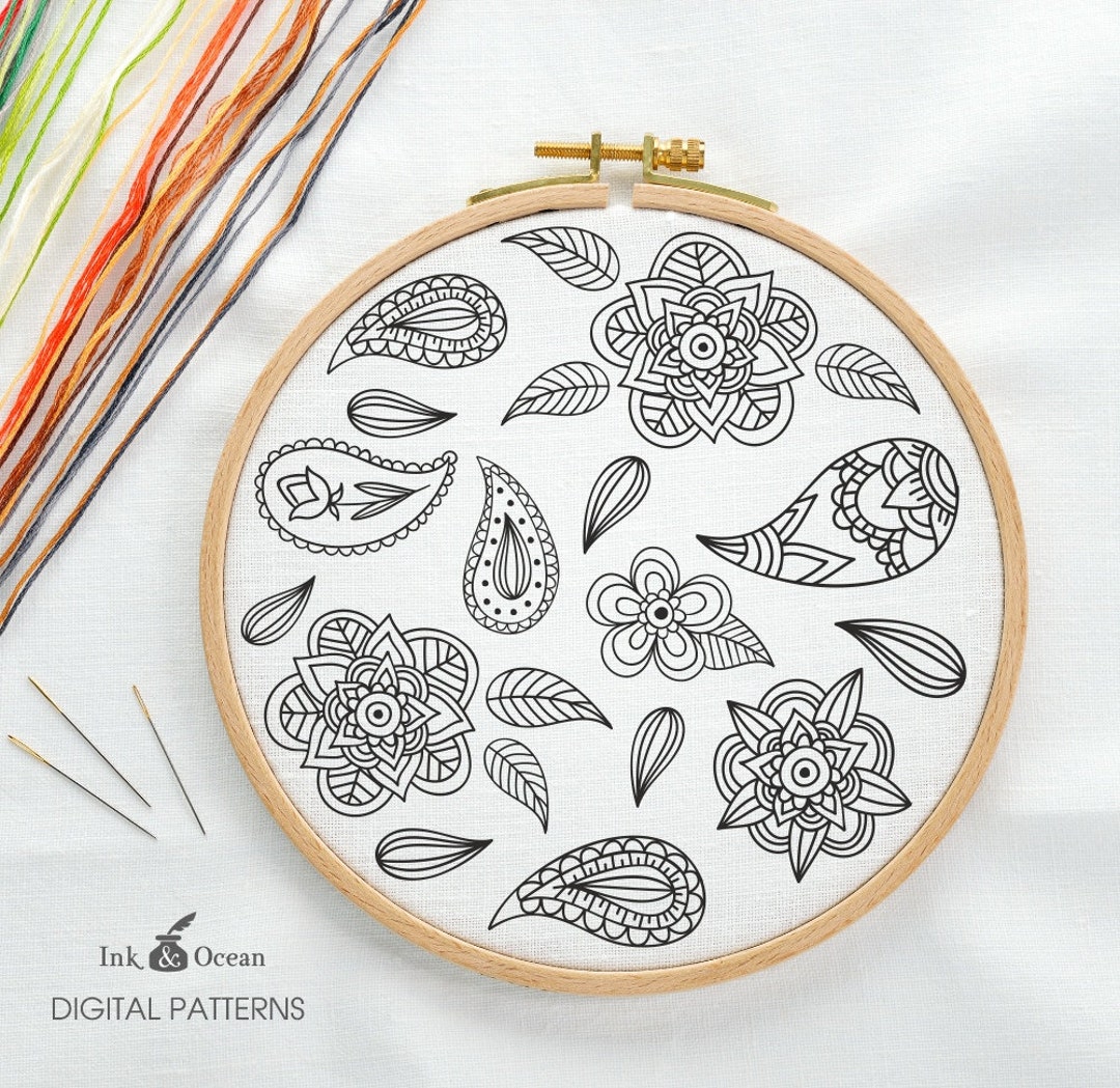 Paisley Flower Garden, Boho Digital Hand Embroidery Pattern , PDF ...