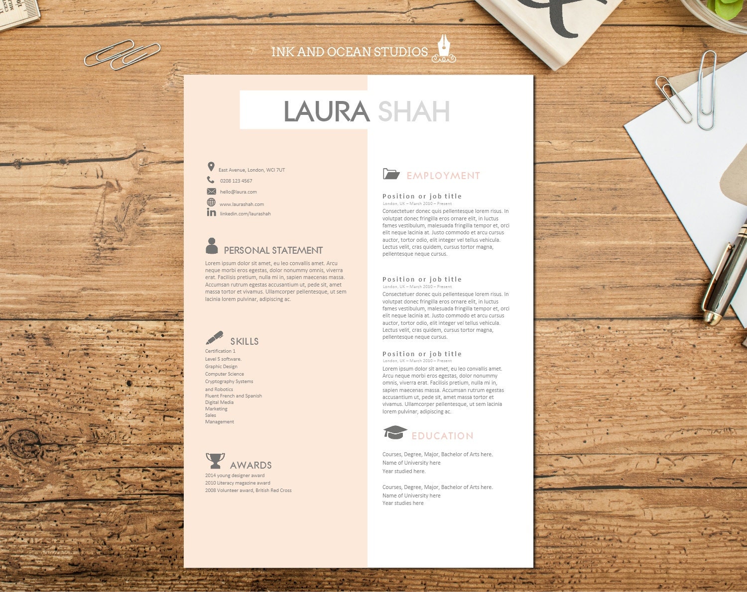 Resume / CV Design With Cover Letter and Reference Page WORD - Etsy