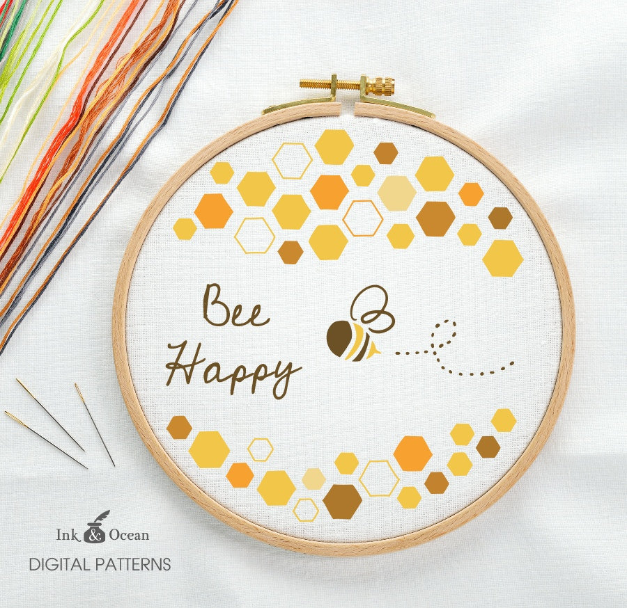 Bee happy Honey bee Digital hand embroidery pattern PDF | Etsy