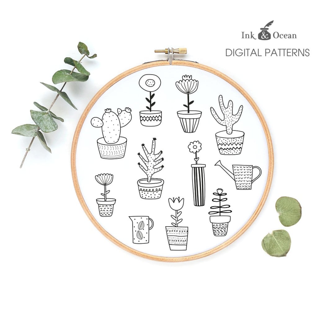 Cactus, Succulent, Flower Plant Pots Digital Hand Embroidery Pattern ...