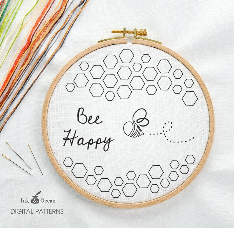 Bee happy Honey bee Digital hand embroidery pattern PDF | Etsy