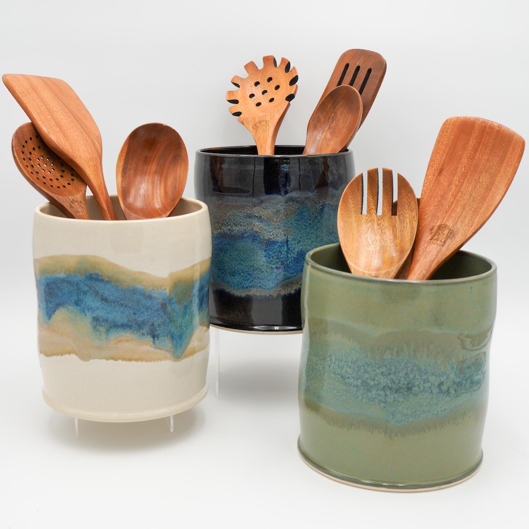 Pottery Utensil Holder: Handmade Wheel Thrown Ceramic Crock Glazed in ...