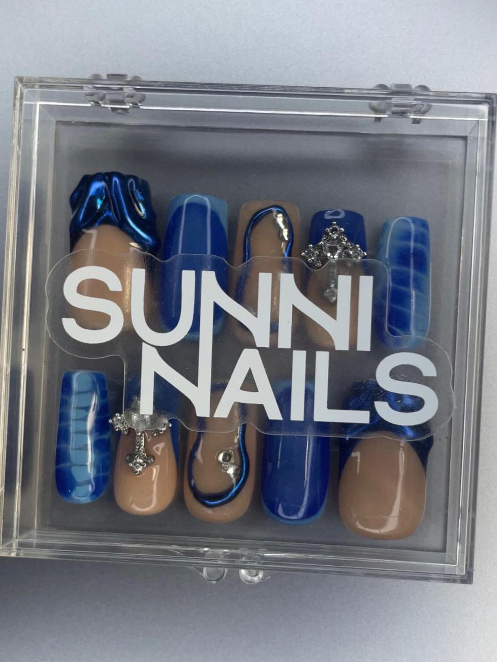 Blue Aura French Tip Press-on Nails With Cross Charm | Luxury Nails ...