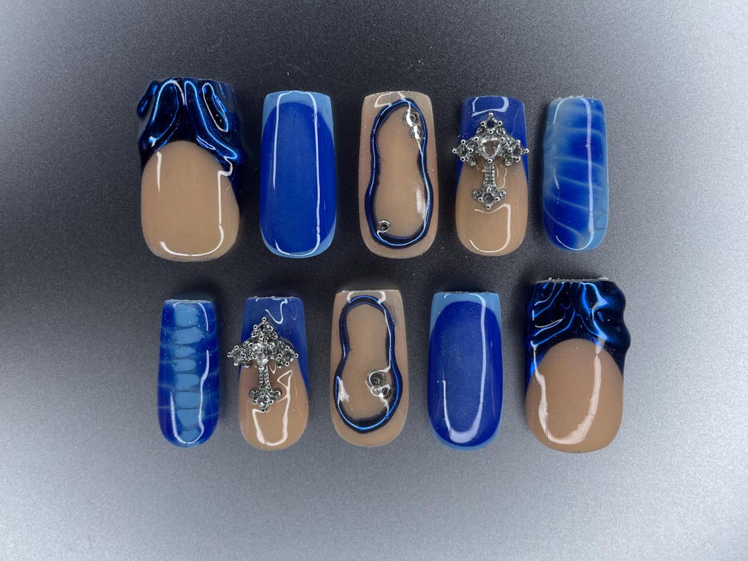 Blue Aura French Tip Press-on Nails With Cross Charm | Luxury Nails ...